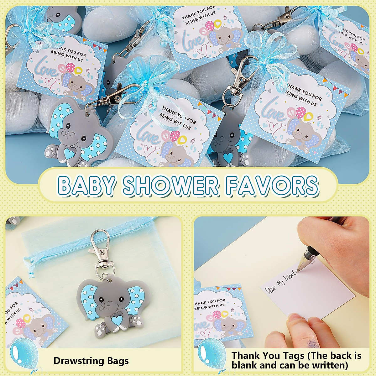 40 Sets Baby Shower Favors for Boys, Guests Gifts Including Elephant Keychains Decorations, Drawstring Bags, Thank You Cards