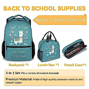 Personalized Llama Backpack with Lunch Box Set for Girls Boys, 3 in 1 Primary Middle School Backpacks Matching Combo, Large Capacity, Durable, Lightweight, Teal Bookbag and Pencil Case Bundle