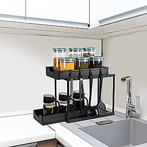 Under Sink Bathroom Cabinet Organizer, Double Sliding out Drawer Kitchen Organization, Multi-use For Vanity Counter Kitchen Storage with Hook, Black