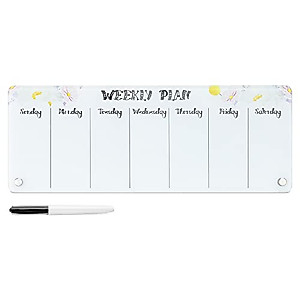Navaris Weekly Whiteboard Planner - Small Dry Erase Glass Whiteboard to Do Calendar for Office Desk Dry Erase Schedule Board - 16 x 6 Inches - Flowers