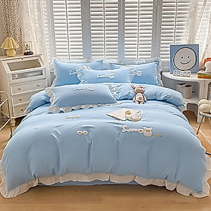 Lace Duvet Cover Set Queen, Soft Breathable Washed Cotton 4 Piece Bedding Set, Cute Princess Style Towel Embroidery Bed Sheets Set, with Zipper Closure,Yellow 3,Twin XL