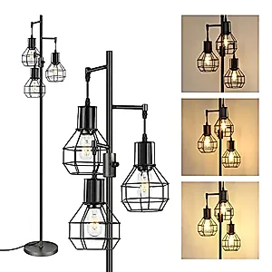 EDISHINE Industrial Floor Lamp, Dimmable Farmhouse Standing Lamp for Living Room, Sturdy Base, Rustic Tall Tree Reading Lamps Home Decor for Bedroom, Office, Black (3 LED Edison Bulbs Included)