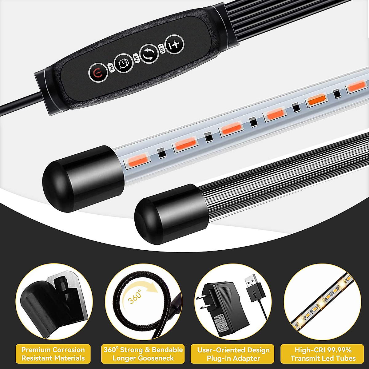 Kalrin Grow Lights for Indoor Plants, Four Head Grow Light with Full Spectrum, Adjustable Gooseneck Plant Light for Indoor Plants, Grow Lights for Seed Starting, 4 Modes, Auto 3/6 /12h Timer