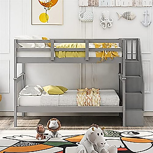 Harper & Bright Designs Twin Over Twin Bunk Beds with Stairs Wood Bunk Bed Frame with Storage Shelves for Kids Boys Girls Teens, Can be Divided into 2 Beds, Gray