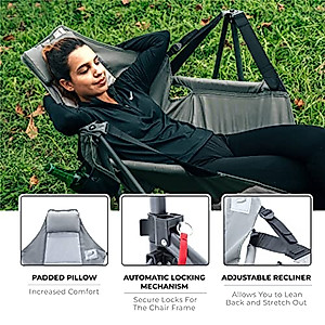 Camphor Designs Portable Swing Hammock Chair | Foldable Recliner Rocking Lounger with Headrest and Drink Holder | for Outdoor & Sports, Beach, Lawn, Hunting, Tailgating, Fishing | Supports 300 Lbs