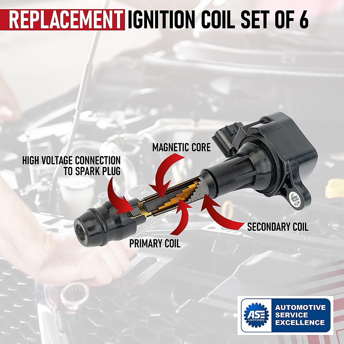 Ignition Coil Pack Set of 6 - Compatible with Infiniti FX35, G35, M35 & Nissan 350Z Vehicles - Replaces 22448-AL61C, UF401, IGC0007, 6734025, 22448AL615 - Year Models 2000-2008 - 3.5L V6 Coils