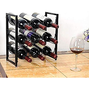 POPKU 9-Bottles Wine Rack - 3 Tier Stackable Wine Holder for Bottles - Classic Style Wine Shelf for Pantry, Perfect for Bar, Wine Cellar, Basement, Cabinet, Pantry, etc - Metal (Black)