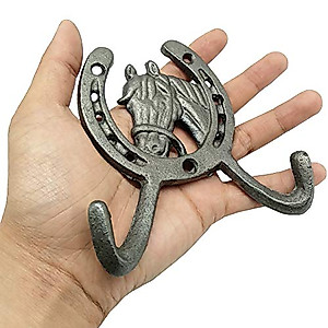 TIHOOD 2PCS 4.5" Horse Head Horseshoe Western Double Cast Iron Wall Hooks, Horse Shoe with Horse