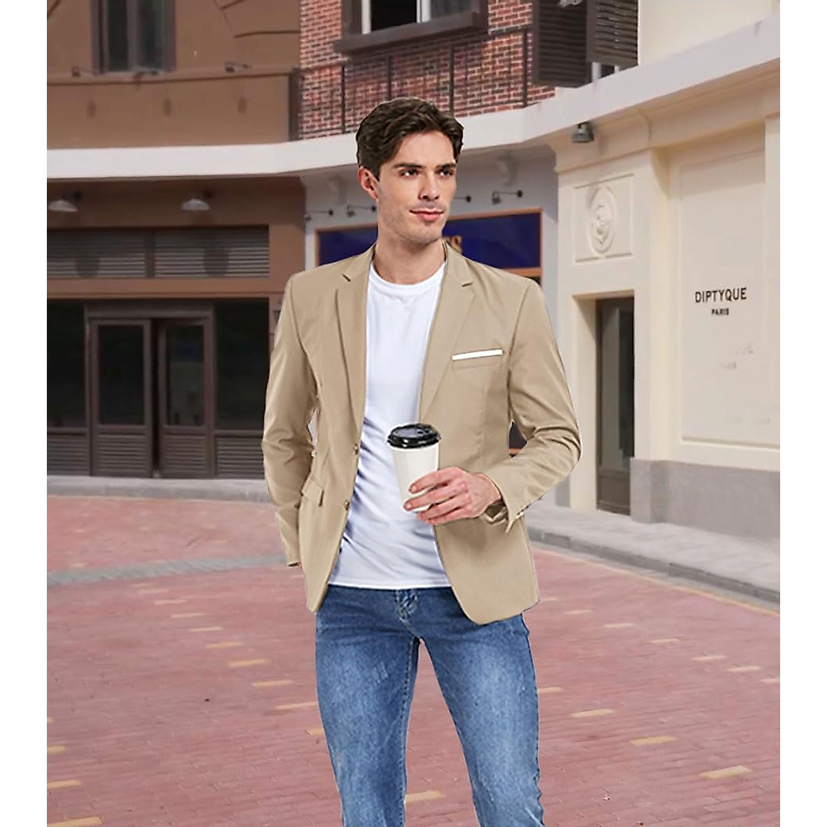 Men's Suit Jacket Casual Sport Coats Lightweight Party Champagne Slim Fit Blazer Groomsmen Coat Two Button Tuxedo Suits L