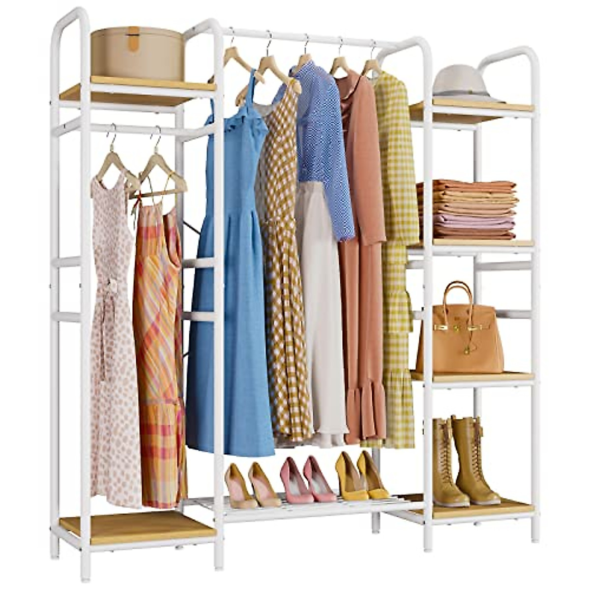Timate P9 Clothes Rack with Shelves Portable Freestanding Clothing Rack for Hanging Clothes, Heavy Duty Garment Rack with 6 Wood Shelves & 2 Hanging Rod Sturdy Metal Storage Wardrobe for Bedroom White