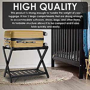 Luggage Rack|Portable Folding Suitcase Stand Holder with Shelf and 4 Fine Nylon Straps Foldable Storage Racks For Guest Room, Bedroom, Hotel Essentials|Black