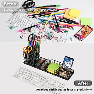 Pen Holder for Desk, Desk Organizer with Pen Holder, DIY Desktop Organization with Phone Holder, Sticky Note Tray, Paperclip Storage and Office Accessories Caddy for Office Home School, Black