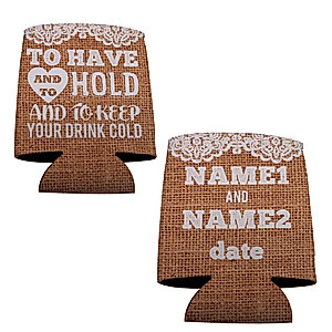 VictoryStore Can and Beverage Coolers: Custom Rustic Burlap To Have And To Hold Wedding Can Coolers (150)