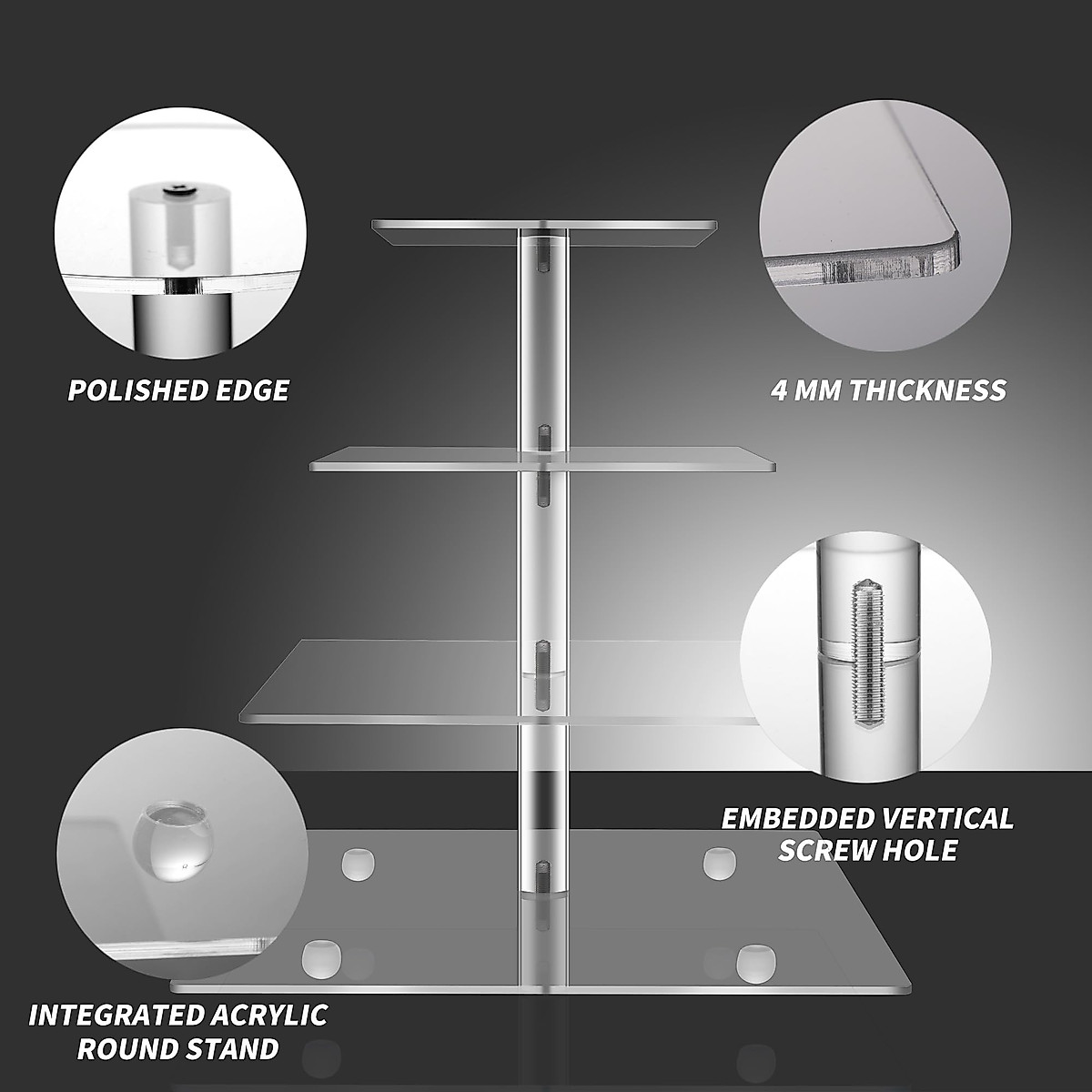 Clay Tonic 4 Tiered Square Acrylic Glass Premium Cupcake Holder-Cake Stand-Cupcake Stand-Dessert Stand-Tea Party Serving Platter (Square)