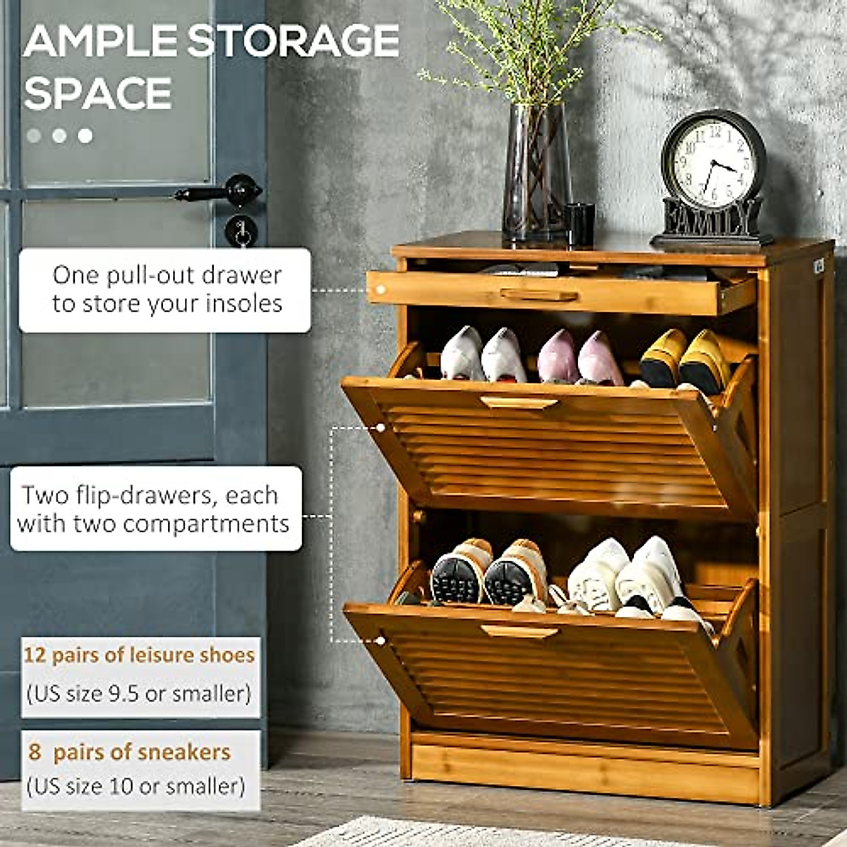 HOMCOM 3-Drawer Shoe Cabinet, Bamboo Shoe Storage Cabinet with Flip Shutter Doors for 12 Pairs of Shoes, Entryway, Hallway, Living Room, Bedroom
