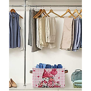 Valentine's Day Gnomes Storage Bins Shelf Baskets, Collapsible Cube Basket with Handles, Pink Plaid Love Heart Roses Waterproof Organizer for Toys/Closet/Blanket 15"x11"x9.5", 1 Pack