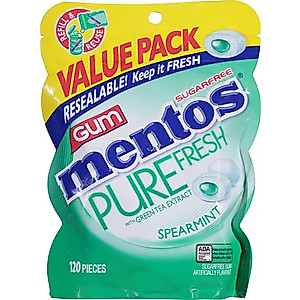 Mentos Pure Fresh Sugar-Free Chewing Gum with Xylitol, Spearmint, 120 Piece Bulk Resealable Bag (Pack of 1)