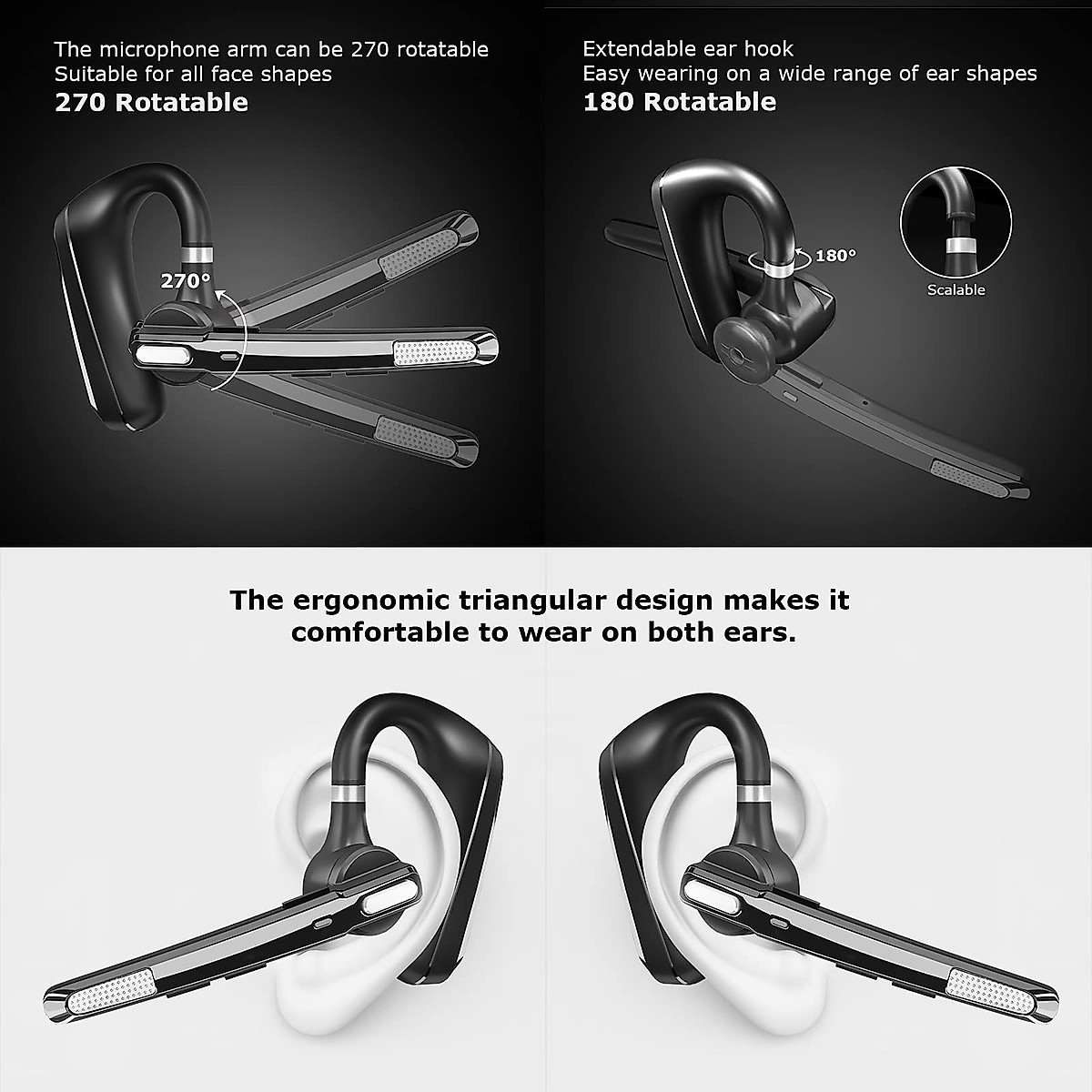 Bluetooth Headset CVC8.0 Dual-Mic Active Noise Cancelling Wireless Bluetooth Earpiece V5.1 Bluetooth Headphones 16 Hrs HD Talktime Hands-Free Earphones for Trucker/Business/Office/Driving (Black)