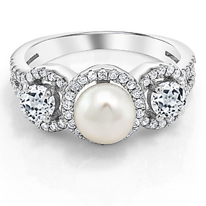 Gem Stone King 925 Sterling Silver Cultured Freshwater Pearl and White Topaz Ring For Women (1.46 Cttw, Available In Size 5, 6, 7, 8, 9)