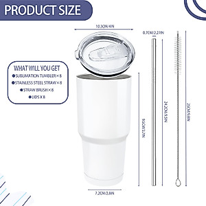 YOUKE OLA 8 Pack Sublimation Tumbler Blank White Bulk Stainless Steel Double Wall Vacuum Insulated Coffee Travel Tumbler Car Cups with Straws, 30oz