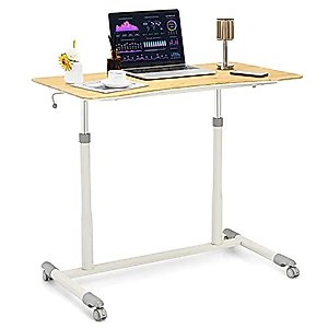 COSTWAY Mobile Height Adjustable Standing Desk, Compact Pneumatic Sit to Stand Computer Desk w/Lockable Casters, Ergonomic Rolling Laptop Table w/Steel Frame for Home Office (Natural)