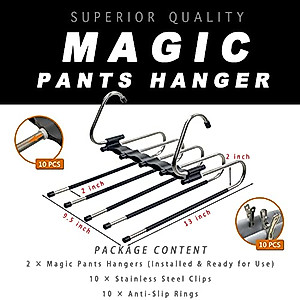 Closet Organizers and Storage, Magic Pants Hangers for Space Saving, Pant Hanger Rack Organizer Use for Scarf Jean Skirt ( 2-Pack with 10 Stainless Steel Clips ) (Black)