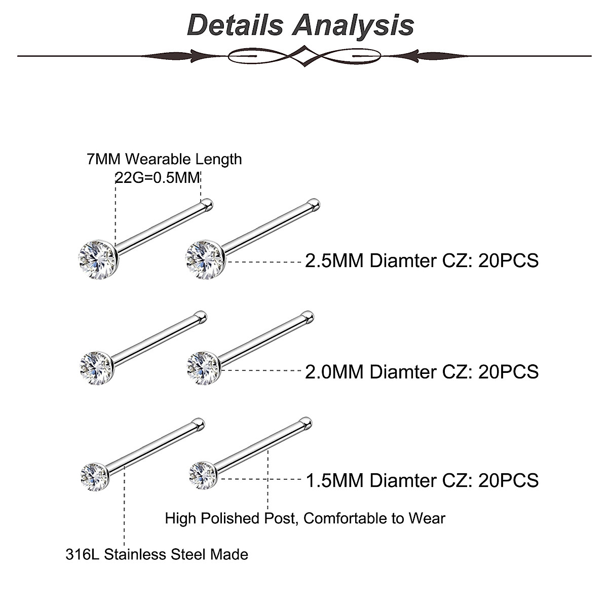 REVOLIA 60-120Pcs 22G 316L Stainless Steel Nose Studs Rings Piercing Body Jewelry 1.5-2.5mm S