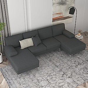 VERYKE Modern U Shape Sectional Sofa Couch, 110'' Linen Fabric Sectional Couch Sofa, Upholstered Sofa Bed with Metal Legs for Living Room, Home Office