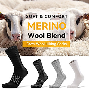 JSPA 4 Pack Mens Wool Crew Running Socks Women's Comfortable Non Blister Seamless Toe Merino Wool Above Ankle Heavy Half Cushion Elastic Woolen Socks, Large, Dark Grey