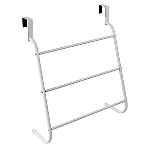 MyGift Modern White Metal 3-Tiered Bars Over-The-Door Bath Towel Holder and Clothing Hanger, Space Saving Bathroom Storage Door Hanging Drying Rack