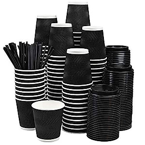 NYHI Pack of 100 10 oz Black Paper Cups with Black Lids Straws Coffee Cups Disposable BPA Free Insulated Ripple Kraft Paper Cups To go Cups for Hot or Cold Drinks Office Home Canteen Party Travel