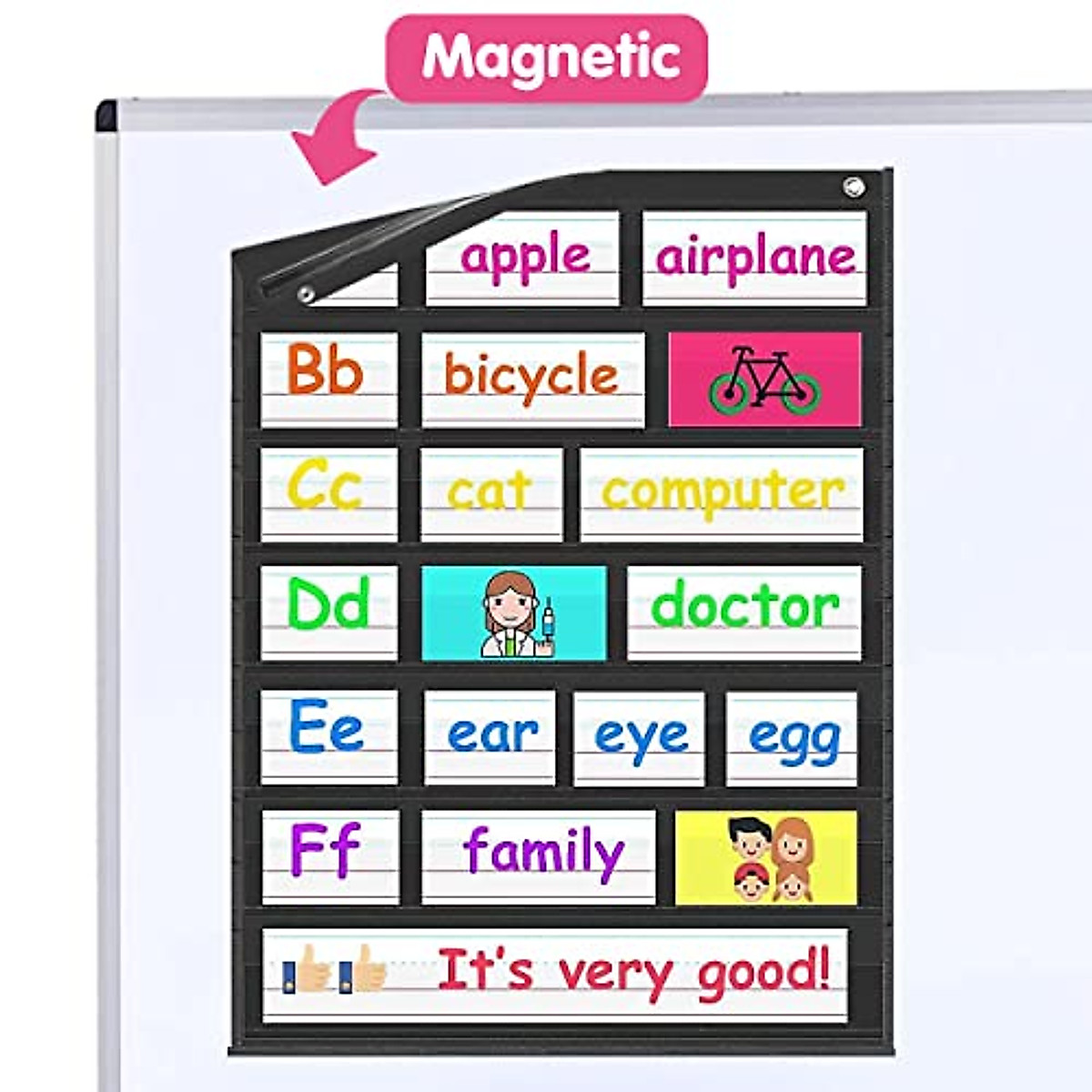 Auchq Magnetic Pocket Chart,Standard Pocket Chart with 7+1 Pockets,14 Double-Sided Dry-Eraser Cards for Daily Schedule,Class Demonstrations,Classroom Office Home Activities (Black)