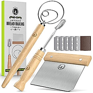 Bread Making Tools and Supplies - Set of 3 - Danish Dough Whisk, Bread Lame, Bench Scraper - Dough Hook with Bread Scraper, Lame Bread Tool, Blades - Great for Baking Sourdough, Pizza, Pastry by LHU