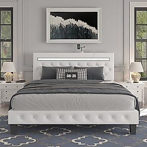 Benevika King Size Bed Frame with LED Lights, Upholstered Platform Bed Frame, Adjustable Headboard with Charging Station, Wooden Slats Support, Easy Assembly, No Box Spring Needed, White