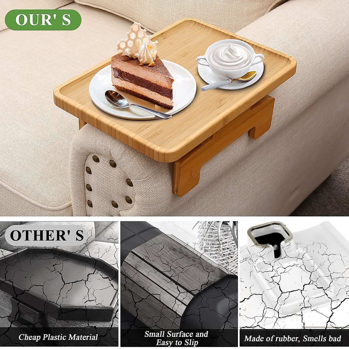 Couch Arm Table Tray, Bamboo Sofa Arm Clip on Tray Tables, Arm Rest Table for Home, Couch Arm Tray for Small Spaces Drink Eating Dinner Table