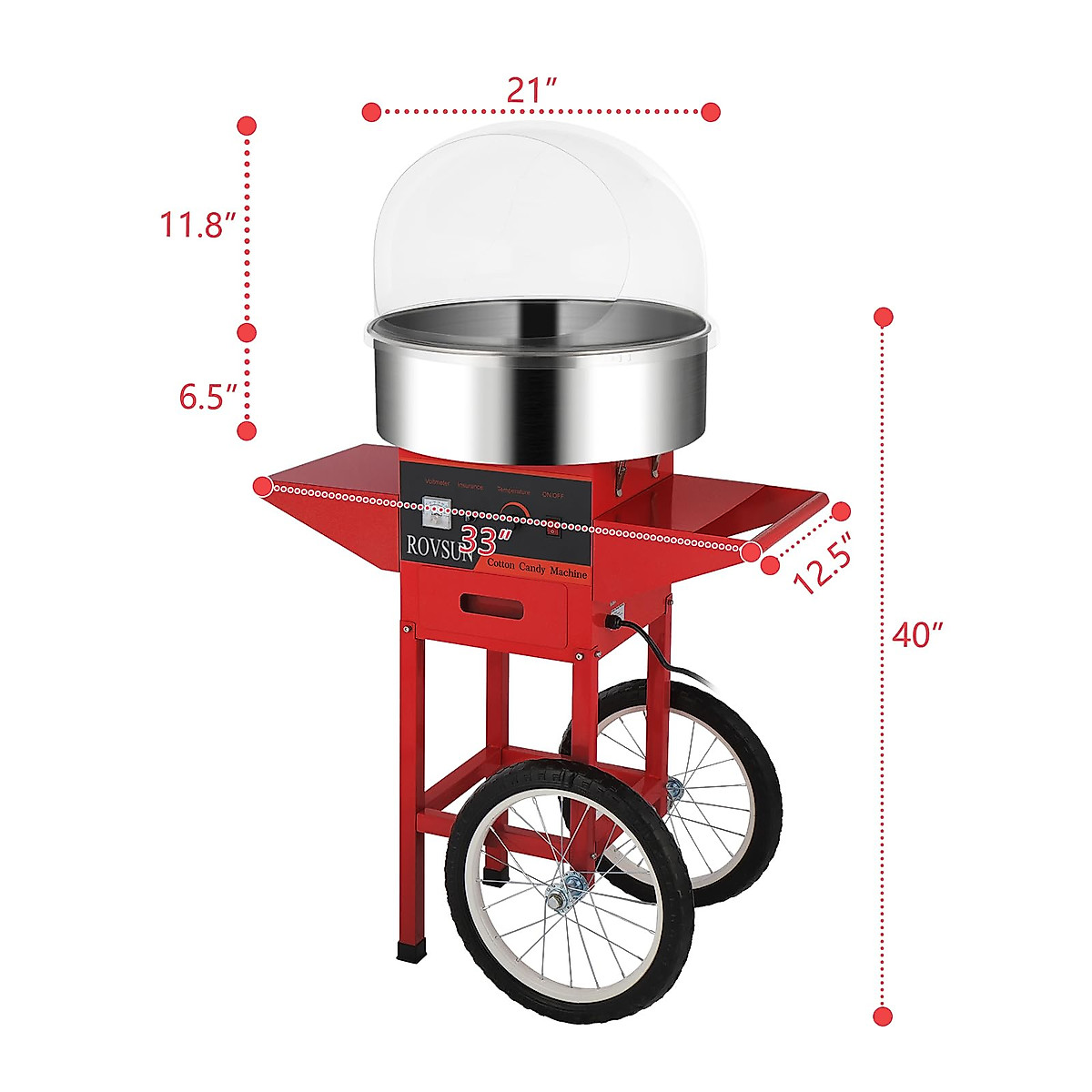 ROVSUN 21 Inch Cotton Candy Machine Cart, Electric Cotton Candy Maker Candy Floss Machine w/Cover, Stainless Steel Bowl, Sugar Scoop and Large Storage Drawer for Commercial Home Party Carnival, Red