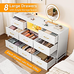 Patikuin 8 Deep Drawer White Dresser for Bedroom with Charging Station and LED Lights, 59" TV Dresser Wooden Large Long Dresser, Modern Chest of Drawers Storage Organizer for Closet, Living Room