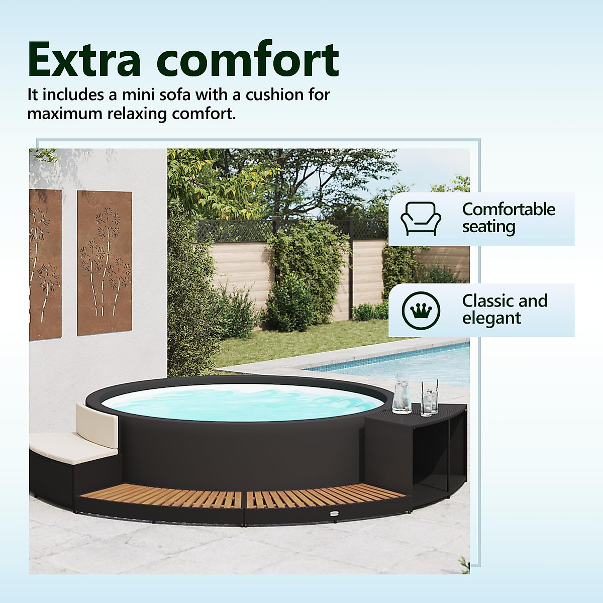 vidaXL Spa Surround - Black Poly Rattan and Acacia Wood - Chic and Modern Design with Built-in Storage, Mini Sofa and Comfort Cushion