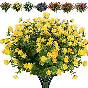 JOYGAR 8 Bundles Artificial Flowers Fake Boxwood Shrubs UV Resistant No Fade Faux Greenery Faux Plastic Lotus for Home Garden Hanging Planter Indoor Porch Patio Office Wedding Decoration(Yellow)