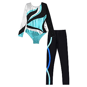 JEATHA Kids Girls Skating Dance Outfits Long Sleeve Gymnastics Leotard with Yoga Leggings Pants Set Activewear Blue A 12 Years