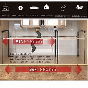 Kitchen Sink Shelf，Height and width Adjustable，Retractable Cabinets Single-layer Spice Rack，Depth 35cm，Width >86cm，5 Pcs Boards，Pot Storage Rack，Cabinet、Kitchen Storage Rack (White)