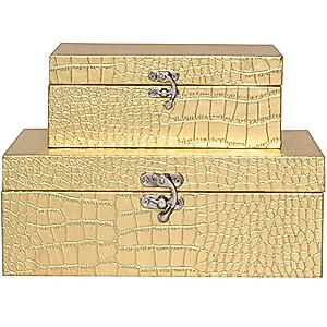 JUMBO HUMBLE Set of 2 Wooden Decorative Nesting Storage Boxes, Gold Crocodile Leather with Clasp for Home Kitchen Living Room, Ideal Gift for Wedding Memories Jewelry Trinket