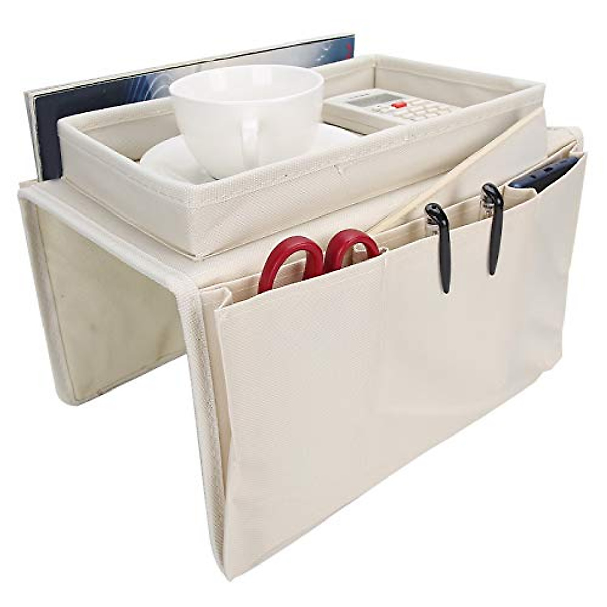 Yuecoom Sofa Storage Bag, 4 Pockets TV Remote Control Organizer Sofa Armrest Armchair Couch Bag with Cup Holder Tray(Beige)