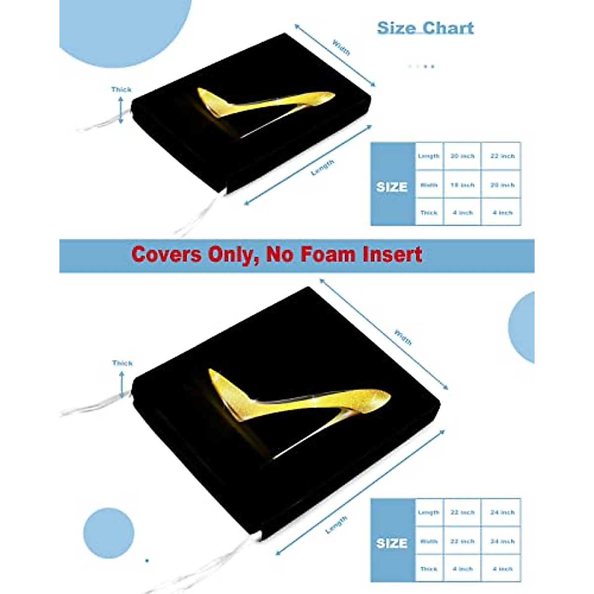 Outdoor Chair Seat Covers Set of 4,Gold High Heels Black Back Waterproof Chair Seat Covers for Dining Room Kitchen,Women Elegant Glitter Shoes Removable Washable Chair Seat Protector with Straps