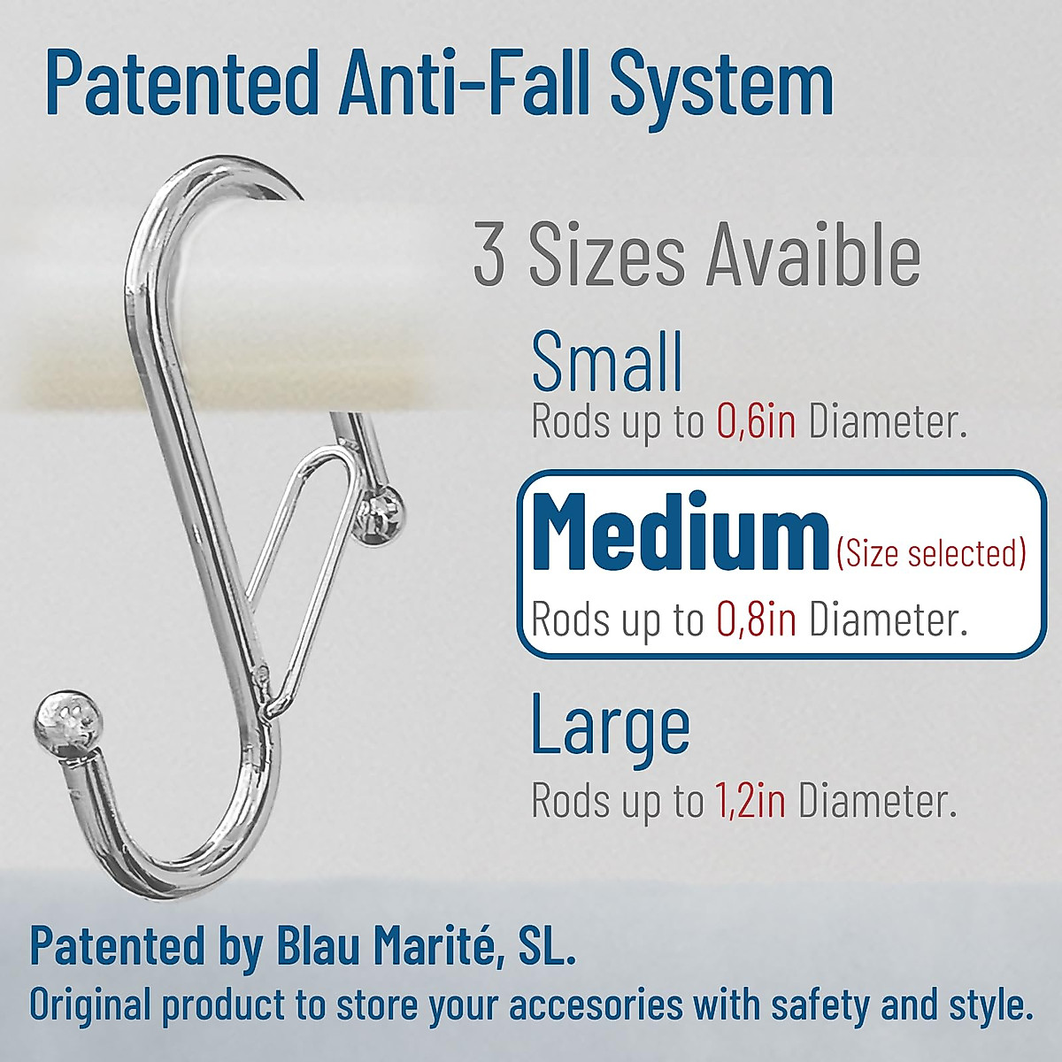 Blau Marité 10 Metalic S-Hooks with Anti-Fall System. Anti Drop S-Shaped Hook with Safety Buckle to Prevent Falls. Heavy Duty. (Silver, 3.25in Long (Diameter Rod<0.8in))