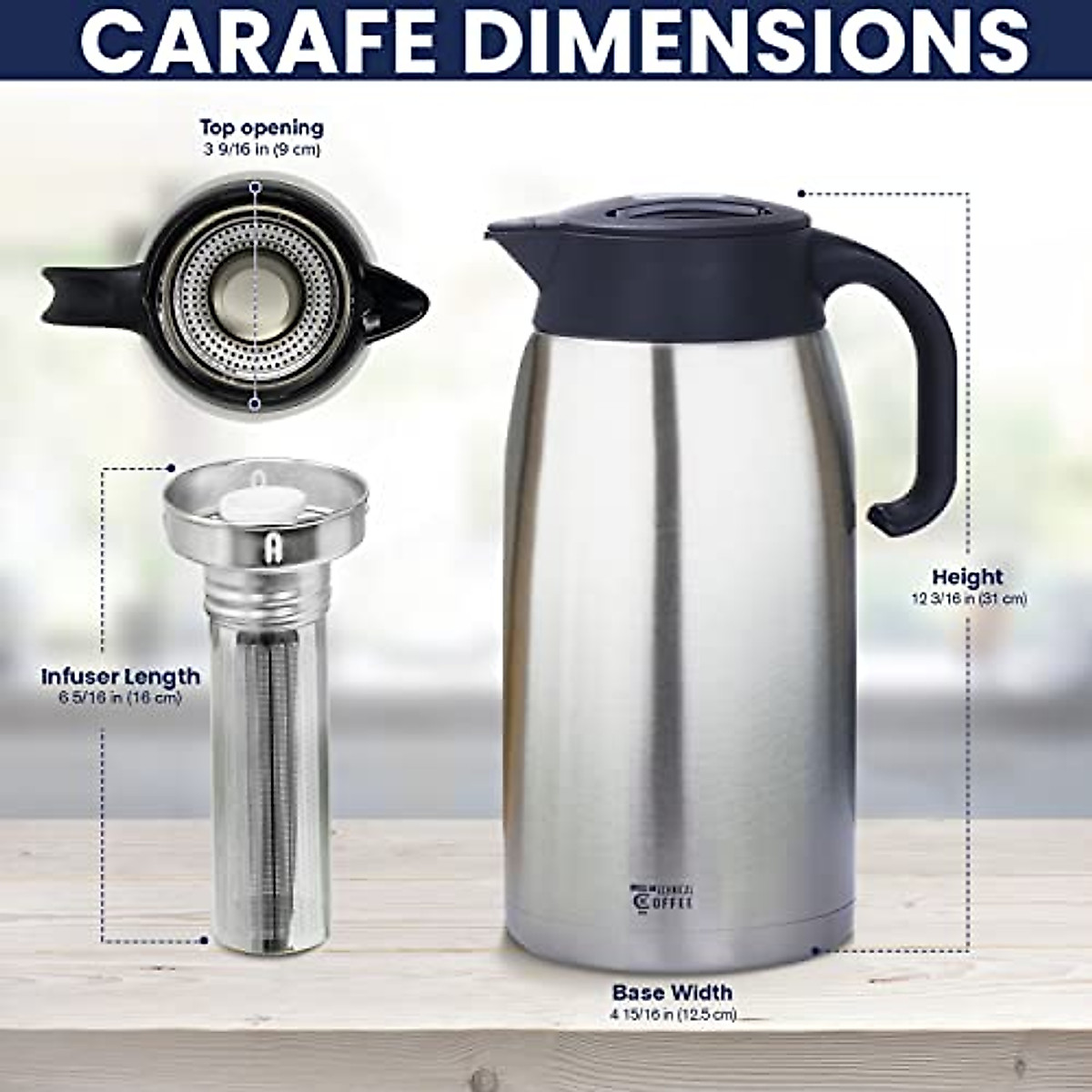 Coffee carafe & Tea carafe in one. 68oz 12hr heat retention ideal for coffee carafes for keeping hot, 24hr cold retention. Thermal Stainless Steel double walled insulated carafe. Infuser & Brush Incld