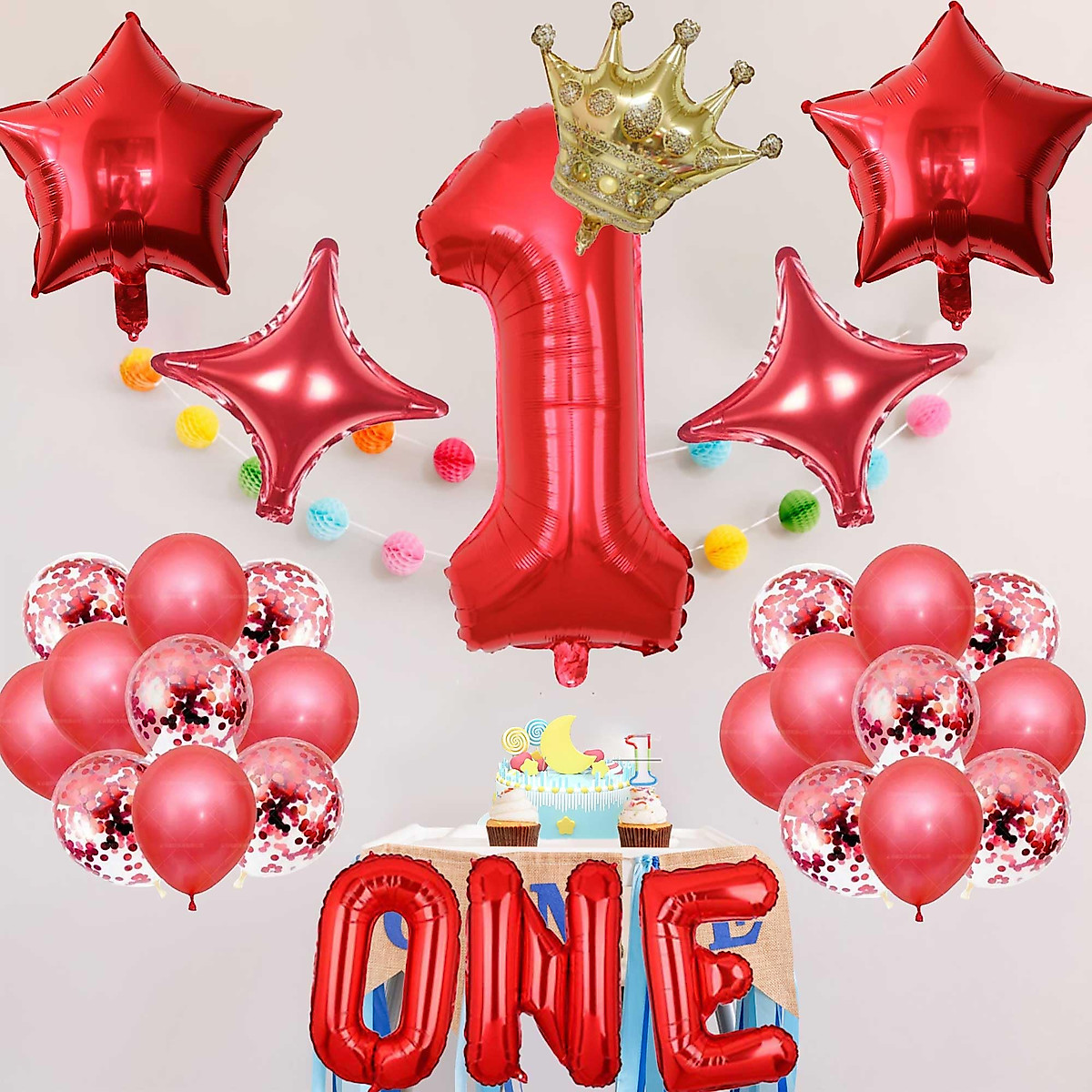 Red One Balloon for First Birthday, Red 1 Balloon with Confetti Balloons Set, Red Star Balloons, Crown Balloons for 1st Birthday Girl Decoration, Number One Balloon for 1st Birthday Balloons Décor