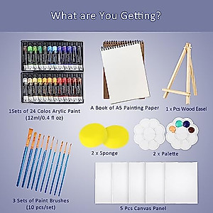 Colorful Acrylic Painting Kit - Paint Supplies Set with 24 Colors, 30 Brushes, 5 Canvases, 1 Pad, 2 Palette, 2 Sponge & 1 Wood Easel - Art Acrylic Paint Set for Beginners, Kids, Adults