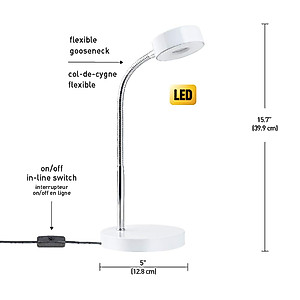 Globe Electric Energy Star Integrated LED Desk Lamp, Matte White, Chrome Gooseneck, 5 Watts, 250 Lumens 12646