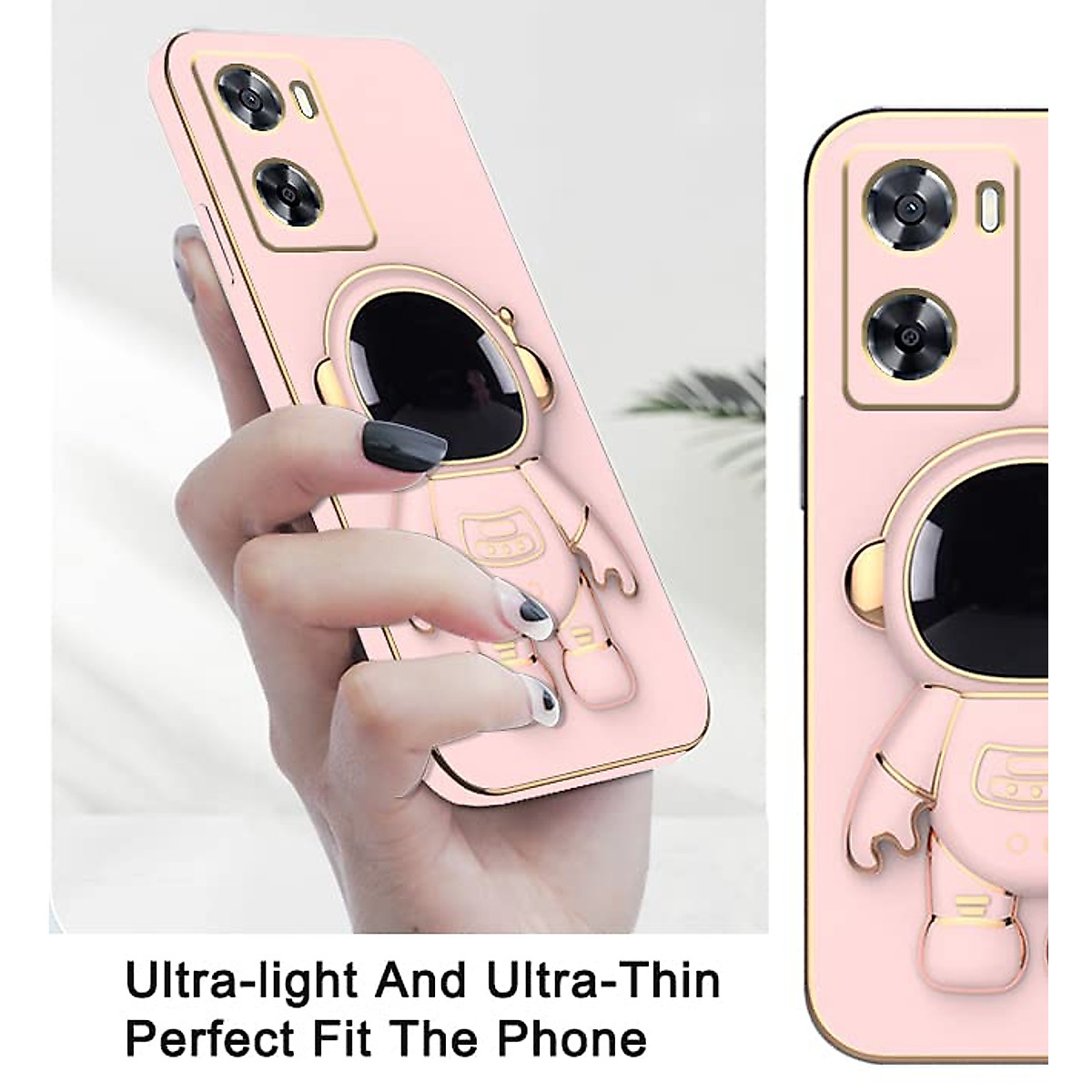 Compatible with Oppo A57s Case with Plating Creative Astronaut Cartoon Holder Pink, for Oppo A57 4g Phone Case Silicone Shockproof Stand Soft TPU Protective Slim Cover (Pink)